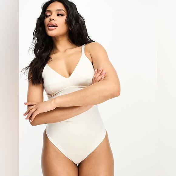 SPANX | Tops | Spanx 78 Spanx Contouring Satin Thong Bodysuit In Linen White | Poshmark